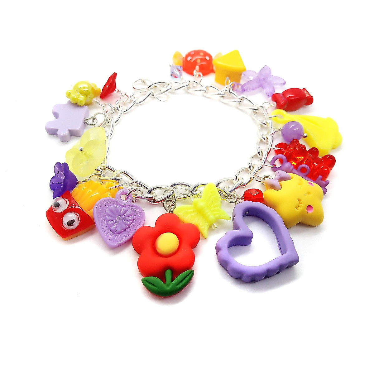 Chunky Charm Bracelet in Red Yellow & Purple, Kawaii Cha Cha Bracelet with Cute Candy Ice Cream Flower and Heart Charms, Adjustable