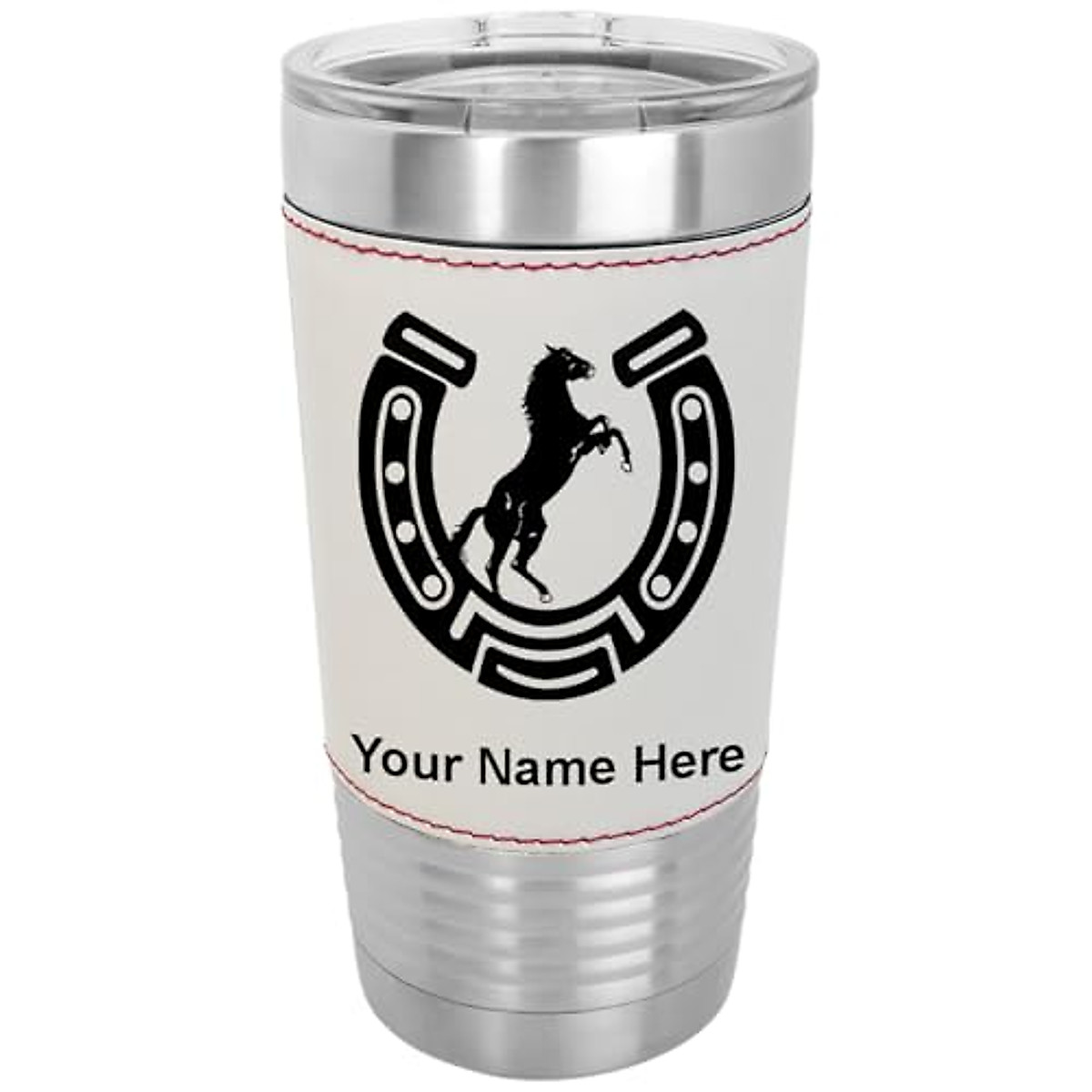 LaserGram 20oz Vacuum Insulated Tumbler Mug, Horseshoe with Horse, Personalized Engraving Included (Faux Leather, Baseball Style)
