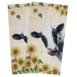 Big buy store Sunflower Cow Kitchen Dish Towels Set of 2, Soft Lightweight Microfiber Absorbent Hand Towel Vintage Newspaper Tea Towel for Kitchen Bathroom 18x28in