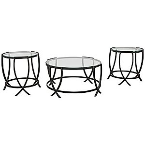 Signature Design by Ashley Tarrin Contemporary Glass Top Round 3-Piece Table Set, Includes Coffee Table and 2 End Tables, Black