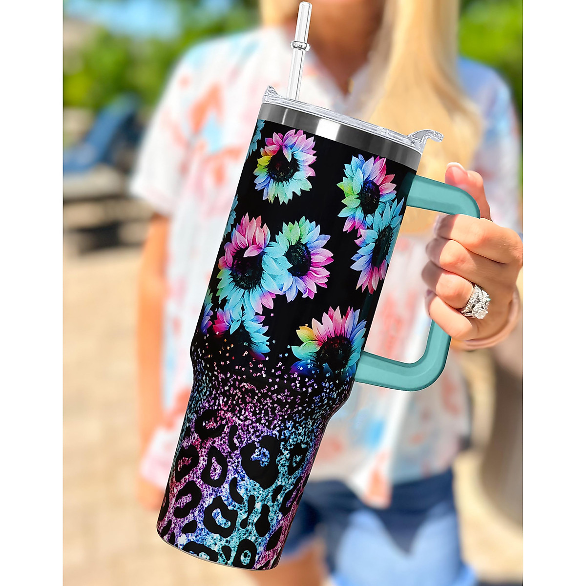 Omezin 40 Oz Sunflower Tumbler With Handle - 40oz Double Insulated Travel Coffee Mug With Lid and Straw - Sunflower Gifts For Women