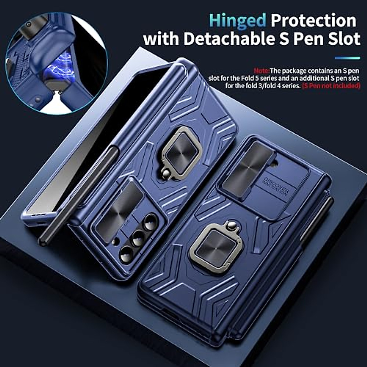 WSKEN for Samsung Galaxy Z Fold 5 Case with S Pen Holder [Built-in Privacy Screen Protector] [Hinge Protection][Slide Camera Cover][360° Ring Magnetic Stand] Heavy Duty Protective Phone Cover-Blue