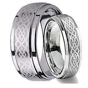 Free Personalized laser engraving Ring for Men and Ring for Women His & Her's 8MM/6MM Tungsten Carbide Wedding Band Ring Set w/Laser Etched Celtic Design