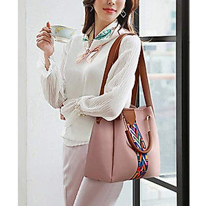 Rullar Women Handbag Set 4 in 1 Top Handle Bag Soft PU Leather Tote Satchel Stitching Shoulder Clutch Bag Purse Wallet Pink