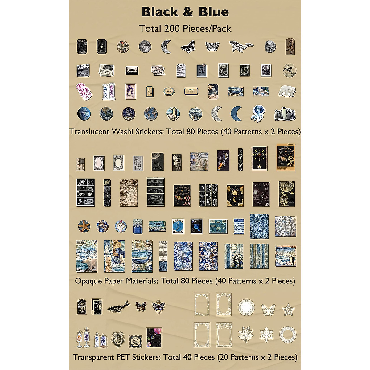 Knaid 200 Pieces Vintage Ephemera Bundle Junk Journal Kit Scrapbook Supplies Paper Sticker Material Pack for Art Journaling Bullet Journals Planners Collage Decoupage Crafter Gifts (Black & Blue)