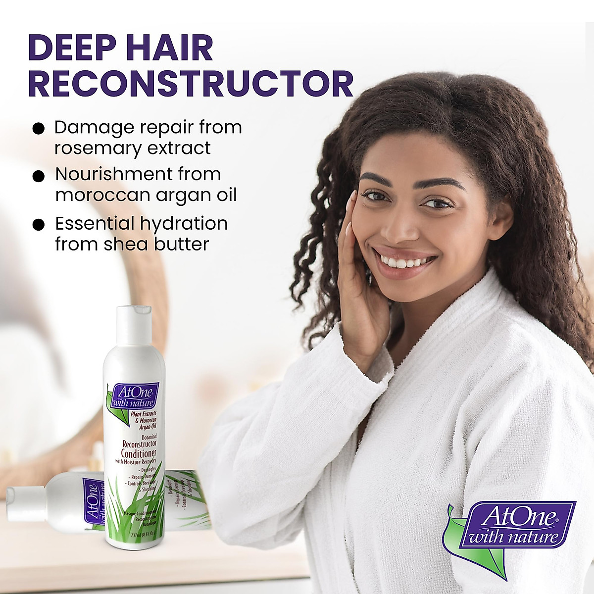 AtOne with Nature Reconstructor Conditioner - Restore and Strengthen Hair with Rosemary Extracts, Shea Butter, and Argan Oil - 8 Fl. Oz