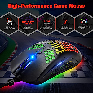 Gaming Keyboard and Mouse,3 in 1 Gaming Set,Rainbow LED Backlit Wired Gaming Keyboard,RGB Backlit 12000 DPI Lightweight Gaming Mouse with Honeycomb Shell,Large Mouse Pad for PC Game(Black)