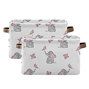 AGONA Large Foldable Storage Bin Cute Elephants Pink Butterflies Storage Bins Collapsible Decorative Fabric Storage Baskets with Leather Handles for Home Closet Bedroom Organizer Nursery 1 Pack