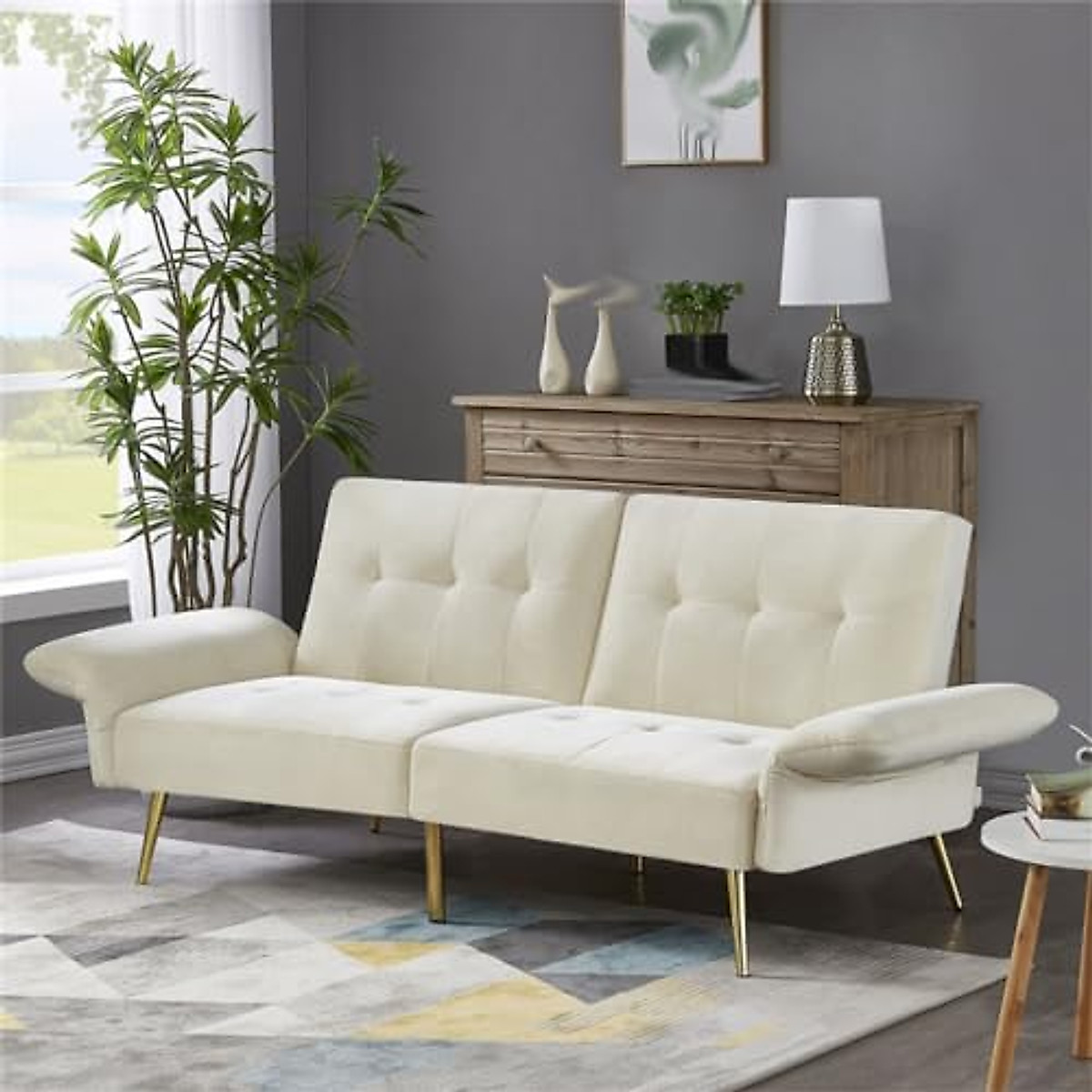 JFUYJK Velvet Futon Sofa Bed, Convertible Sleeper Loveseat Couch with Folded Armrests and Storage Bags for Small Space