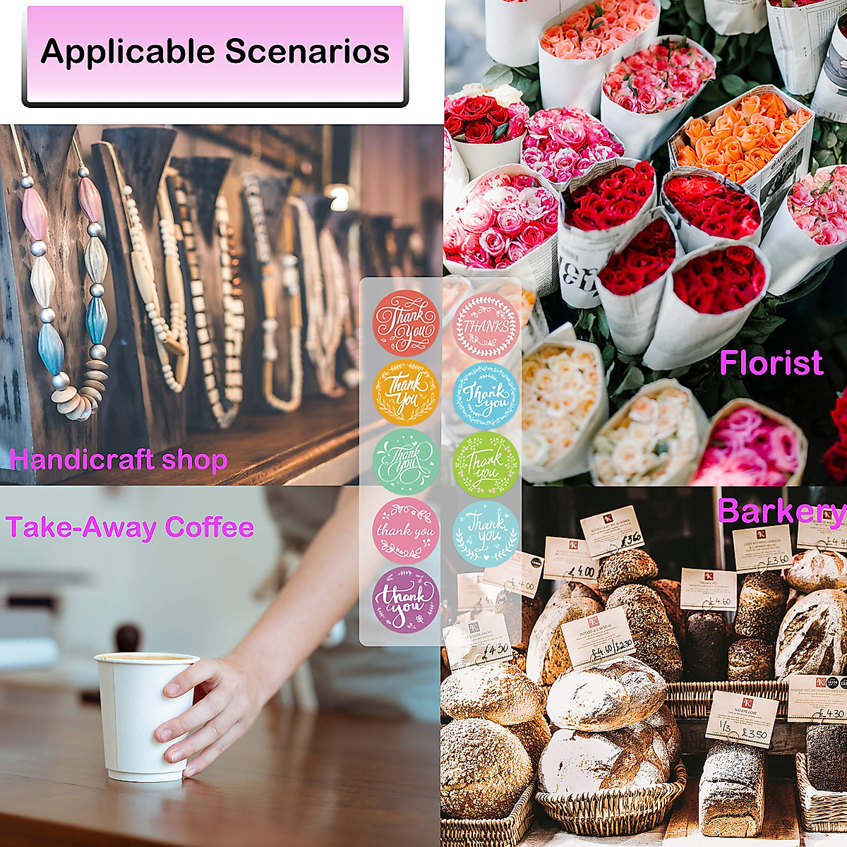 PMCDS2G Thank You Stickers Roll 1" Flower Wreath 9 Beautiful Styles 500 Units in One Roll for Gift Décor Sealing