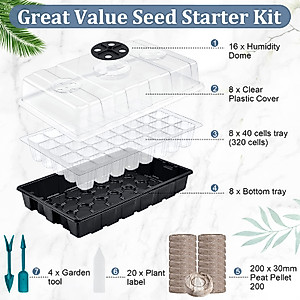 8 Pack Seed Starter Tray Seedling Trays with 200 Peat Pellets 20 Plant Labels 4 Gardening Tools with Humidity Vented Domes and Base Seed Germination Kit Mini Greenhouse for Plant Seedling (Black)