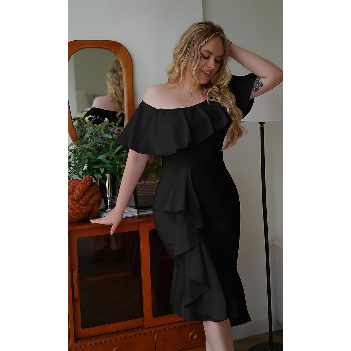 GOBLES Women's Elegant Off The Sholder Back Zipper Ruffles Bodycon Midi Cocktail Dress Black