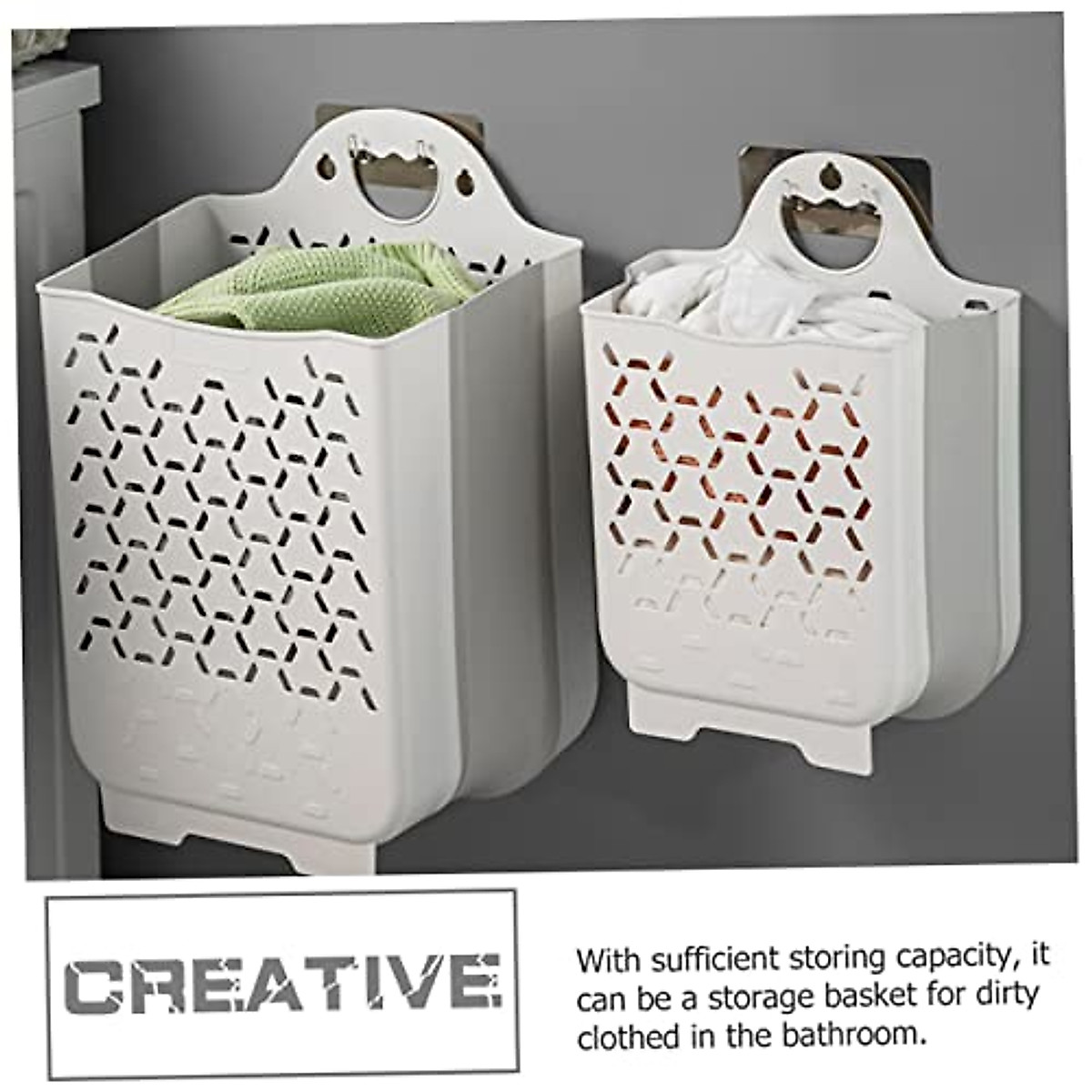 Cabilock 3 Sets Holding Mounted Hanging Space Household Clothes Sticky Wall Laundry for Mesh Hamper Bathroom Mount Container with Folding Dirty Basket Foldable Plastic Hook Organizers Kids