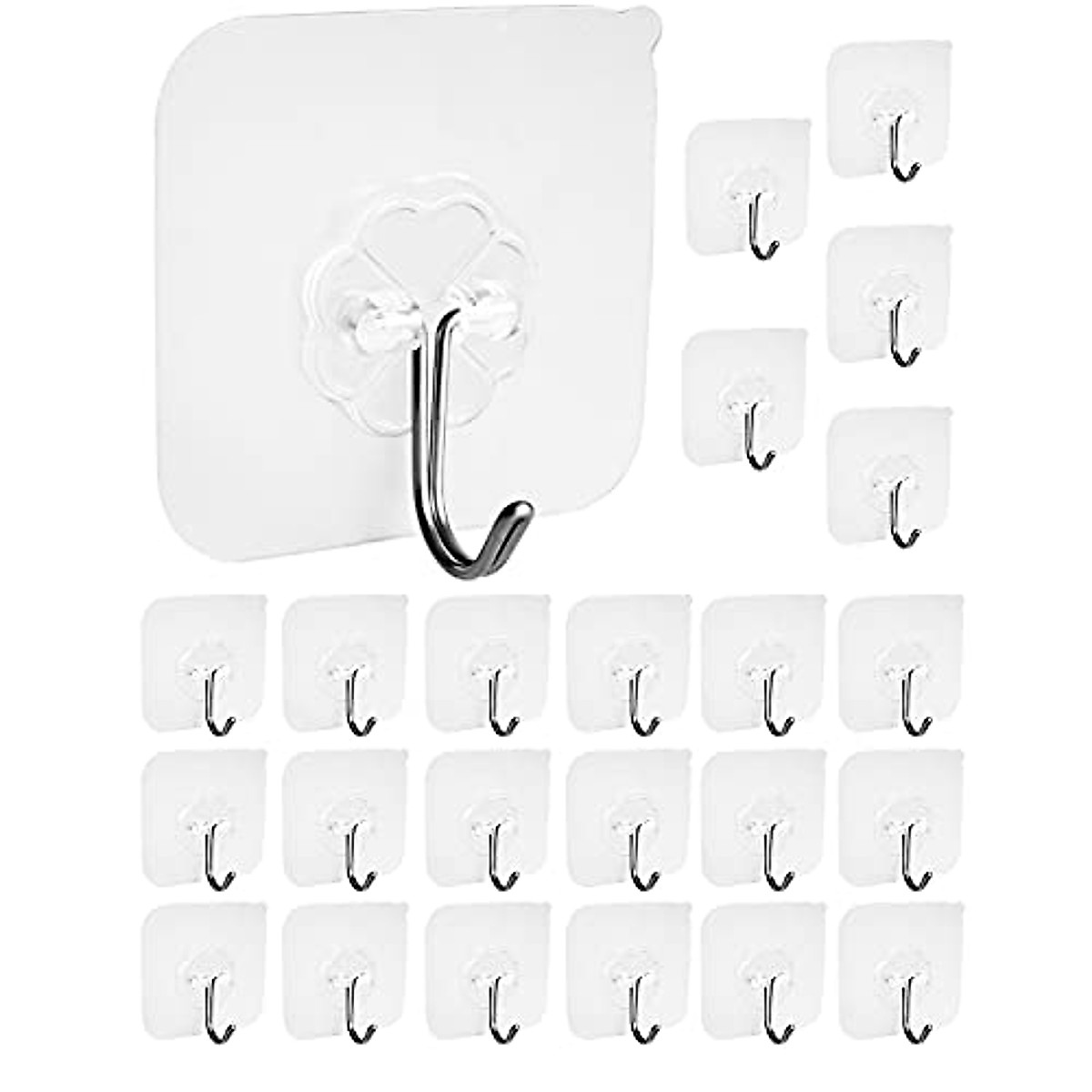 TLBX Adhesive Wall Hooks 22lb(10 Kg Max) Reusable Seamless Hooks, Waterproof and Oilproof, Bathroom Kitchen Heavy Duty Clear Hooks Transparent Sticky Wall Hanger 24 Pack
