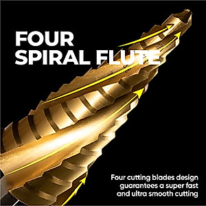 toolant Four Sprial Flute Step Drill Bit, 3/16"-7/8" Impact Ready Titanium Coated Unibit Step Bit, 1/4" Hex Shank Unibit for Metal, Stainless Steel, Aluminum, Wood, Plastic