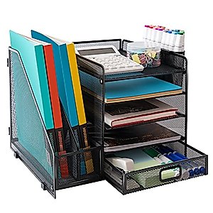 5 Tier Desk Organizer with Vertical File Racks, Paper Letter Tray with Drawer and 2 Pen Holder for Office and School Supplies, File Organizer for Desk, Mesh Desktop Organizer for Office, School, Home