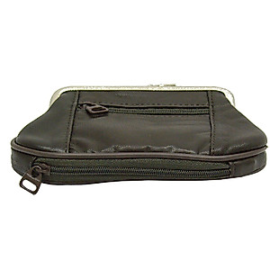 Leather Coin Purse Kiss Lock Framed Mini Wallet Credit Card Holder Case Organizer (Brown)