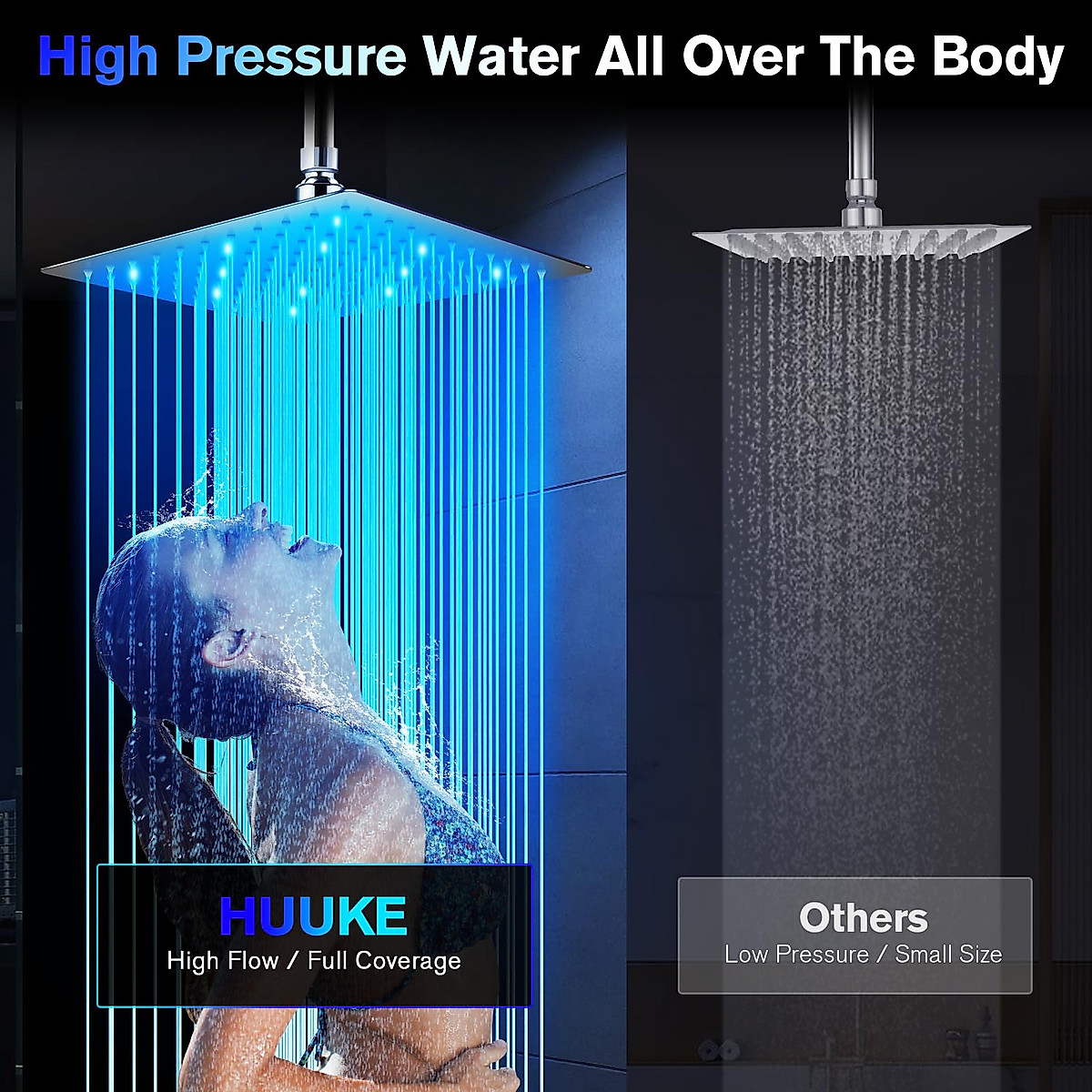 Rain Shower Head, High Pressure 10'' LED Shower Head, Anti-Clogging Fixed Rainfall Shower Head with Temperature Controlled Color Changing, 360°Adjustable Brass Ball Joint, Square, Chrome