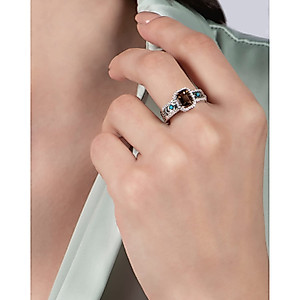 Jewelili Enchanted Disney Fine Jewelry Sterling Silver 7x5 MM Octagon Smokey Quartz and 1.5 MM Cabochon Round Turquoise with 1/5 Cttw Natural White Round Diamond Pocahontas Ring, Size 9