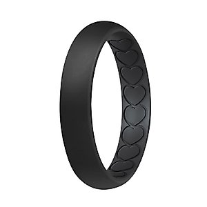 ROQ Silicone Rubber Wedding Ring for Women, Thin Inner Hearts, Breathable Silicone Wedding Band, Anniversary Ring, Promise Ring, 4mm Wide 2mm Thick, Single, Black, Size 7