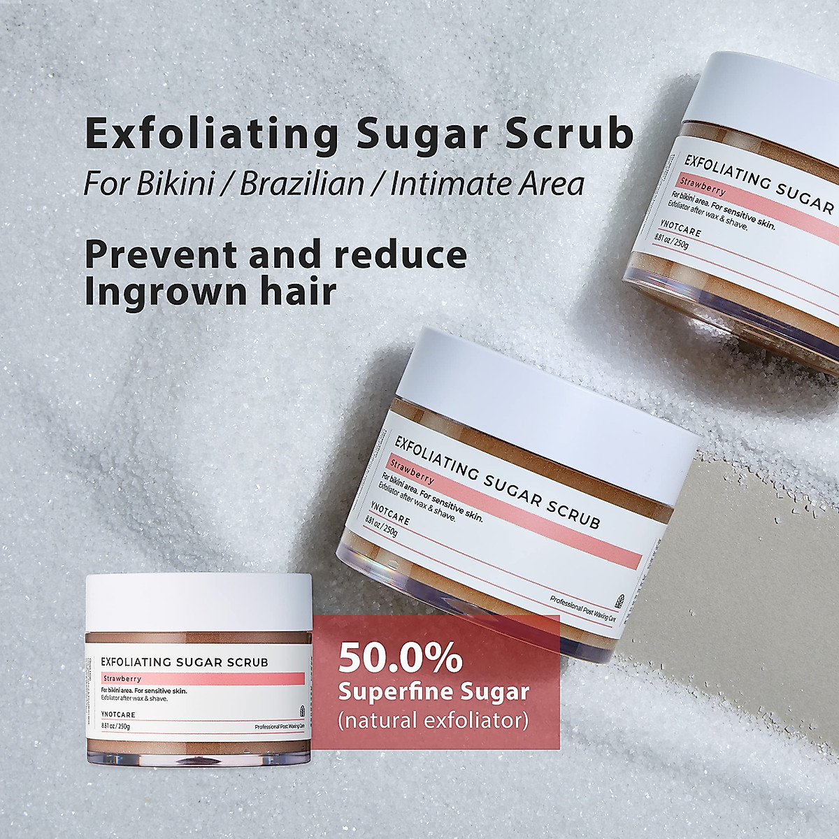 YNOTCARE Exfoliating Sugar Scrub-For Bikini Intimate Area, Sensitive Skin, Prevent Ingrown Hair and Razor Bumps After Brazilian Wax And Bikini Shave, Strawberry/8.81oz
