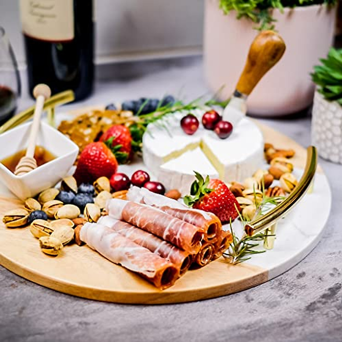 Marble Cheese Board with Handle 13" Round - Beautifully Handcrafted Marble and Wood Charcuterie Board - Wonderful Housewarming Gift