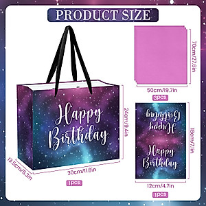 Space Galaxy Birthday Gift Bags, Large Purple Space Galaxy Happy Birthday Party Favor Bags with Greeting Card and Tissue Wrapping Paper for Men Women Kids Adults Anniversary Birthday Party Supplies