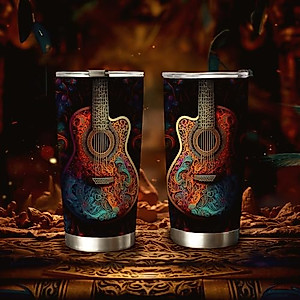20oz Hippie Acoustic Guitar, Guitarist, Musician Gifts, Coffee Thermos for Men, Women, Stainless Steel Double Wall Vacuum Insulated Coffee Mug, Travel Cup with Lid