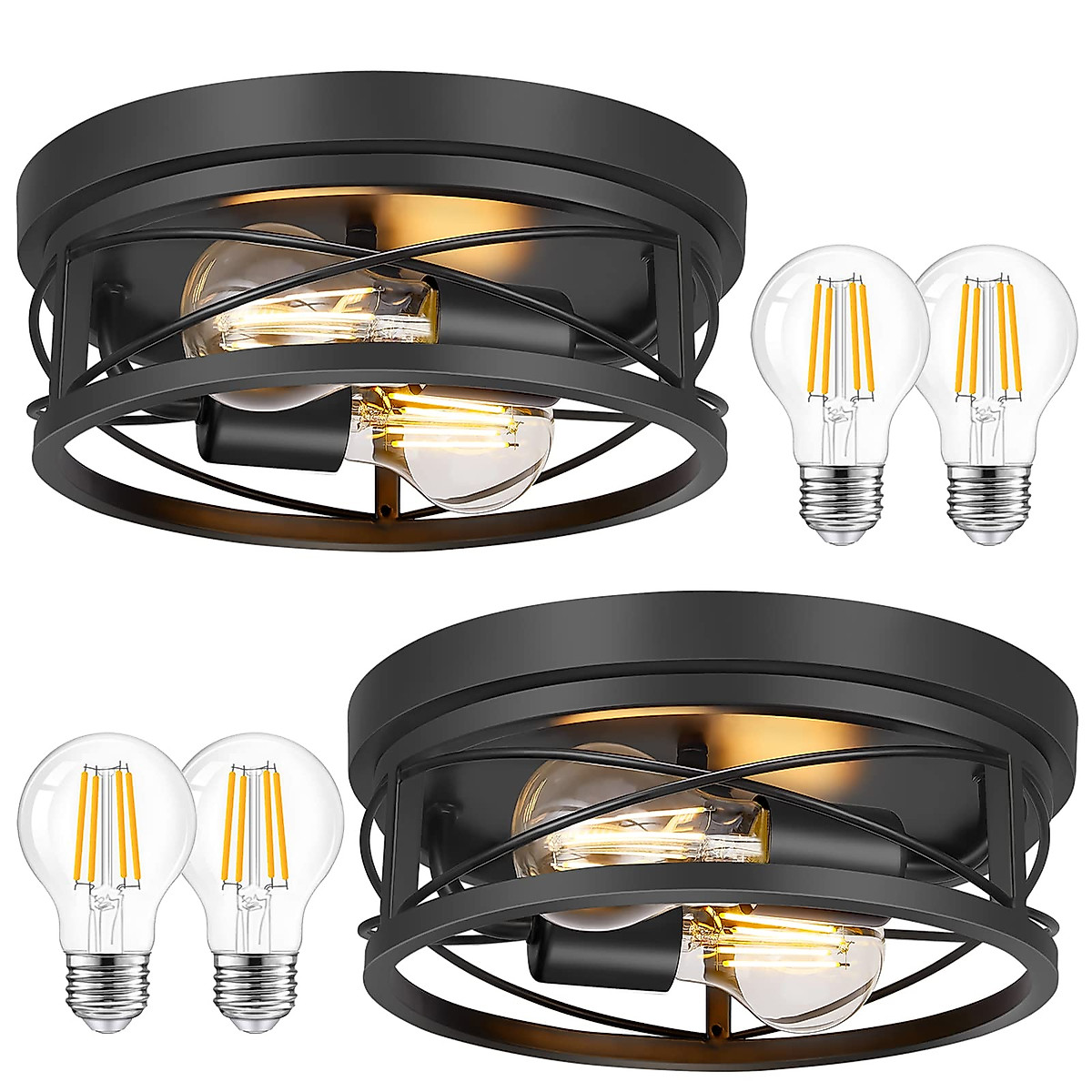 Feanron Farmhouse 2-Light Black Flush Mount Ceiling Light Fixtures, Industrial Vintage Metal Cage Closed to Ceiling Mount Lamp for Hallway Kitchen Bedroom 2 Pack, A19 LED Bulbs Included