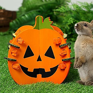 Rabbit Toy Halloween Pumpkin Rabbit Feeder Wooden Interactive Toy for Guinea Pig Hamster Chinchilla Bunny Treats Enrichment Toy Foraging Mental Stimulation Rabbit Accessories Indoor Habitat Decor