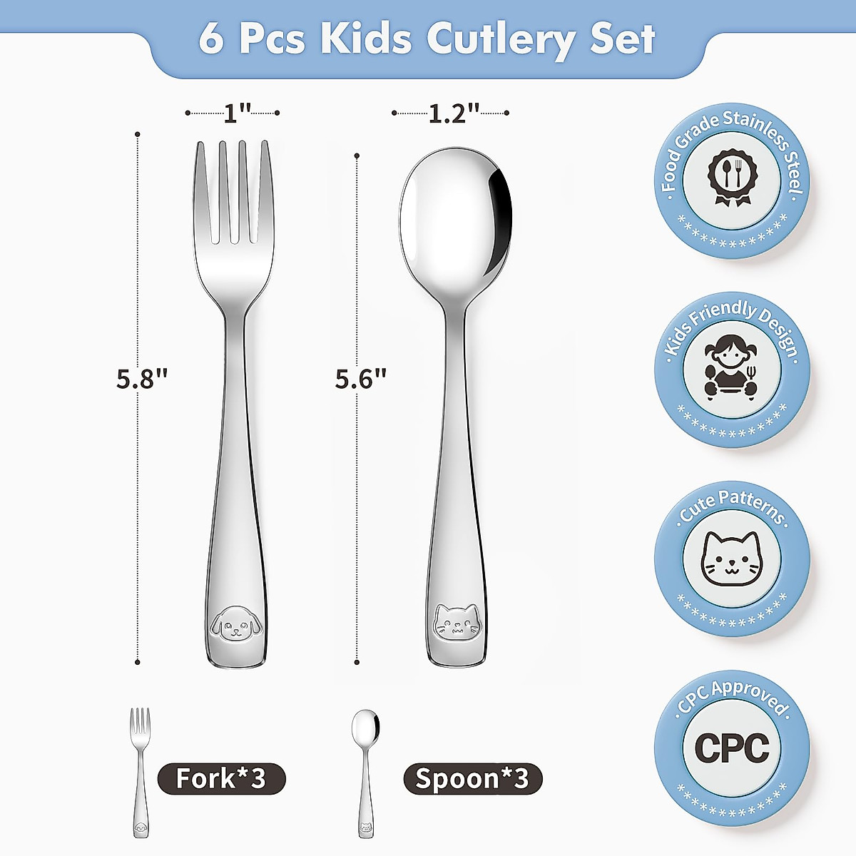 DRKIO Stainless Steel Toddler Utensils Set - 6 Pieces Kids Silverware Set Children Safe Food Grade Small Forks and Spoons Dishwasher Safe Mirror Polished