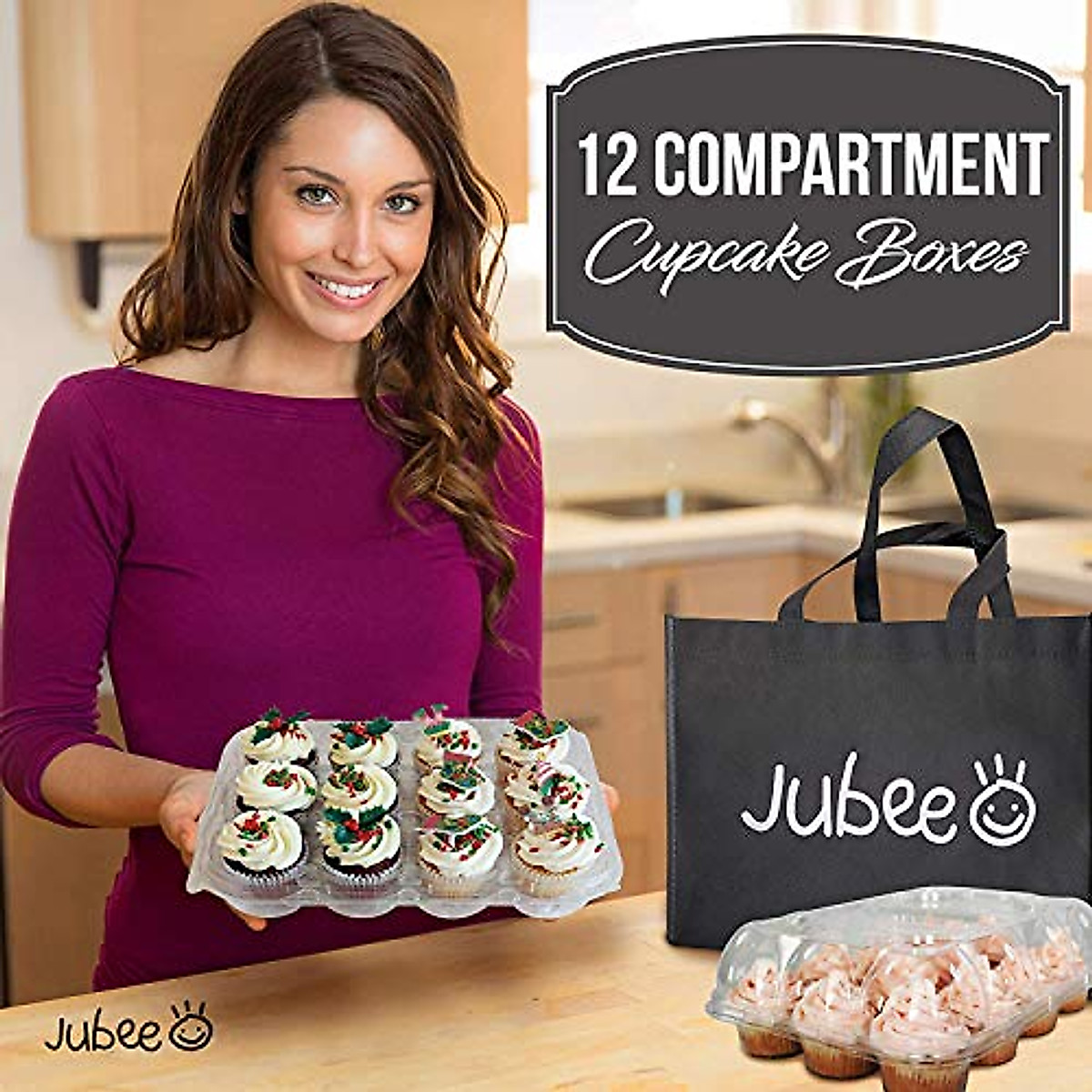 Jubee 12 Compartment 6 Set Cupcake Containers Clear Sturdy Strong Holders Carrier Box Tray Disposable Plastic for Regular Sized Muffins Bulk of Dozen Tall Dome Lid