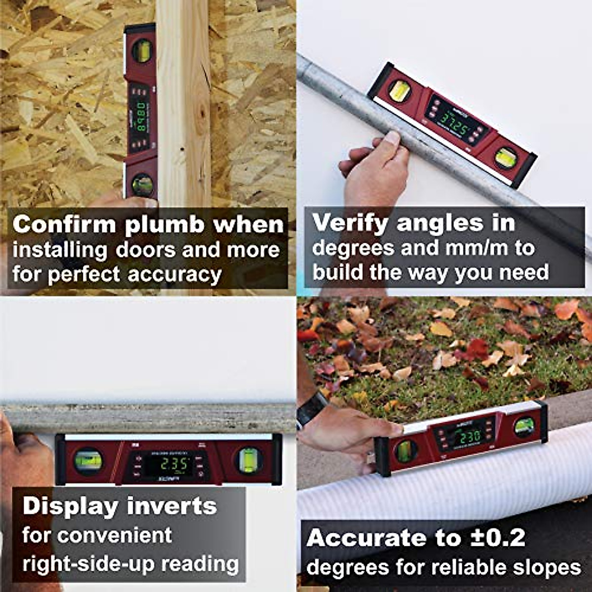 Calculated Industries 7210 AccuMASTER PRO Digital Torpedo Level and Protractor | 10” Inch | Neodymium Magnets | Bright LED Display | IP54 Dust/Water Resistant, Red
