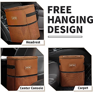 HOTOR Brown Car Trash Can with Adjustable Strap, Magnetic Snaps, Waterproof Lining, and Storage Pocket