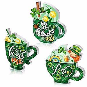 3 Pieces St. Patrick's Day Wooden Coffee Sign Double Side Coffee Cup Table Sign Irish Themed Tabletop Centerpiece Signs Shamrock Gold Coins Wooden Sign for St Patrick's Day Gift Party Home Decor