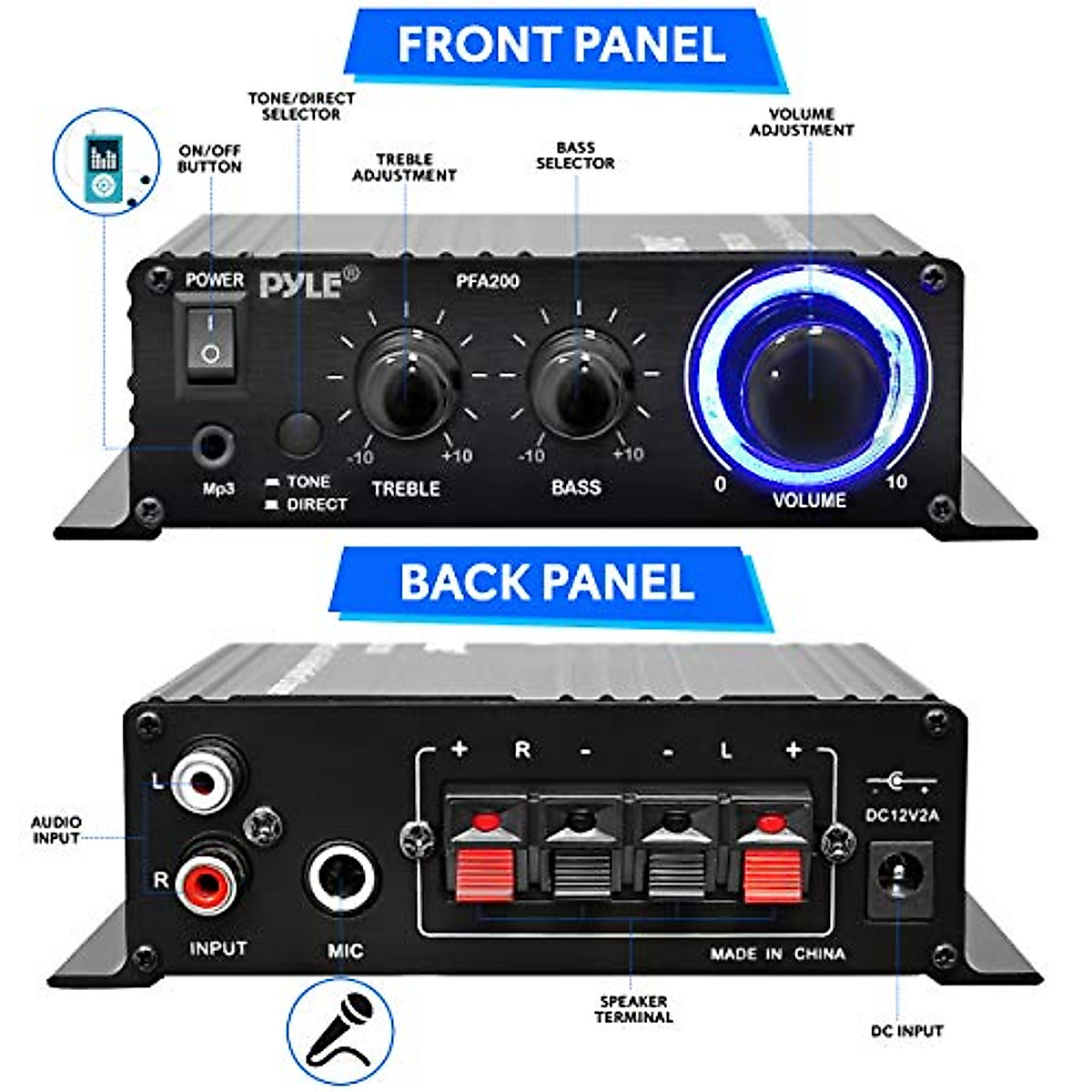 Pyle Home Mini Audio Amplifier - 60W Portable Dual Channel Surround Sound HiFi Stereo Receiver w/ 12V AC Adapter, AUX, MIC IN, Supports Smart Phone, iPhone, iPod, MP3 For 2-8ohm Speakers - Pyle PFA200