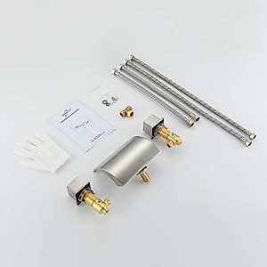 Deck Mount Roman Tub Faucet Set, Waterfall High Flow Brushed Nickel Bathtub Faucets, 12-15.7in Widespread, Deck Mount Tub Faucet with Valve, Brass 3 Holes Bath Tub Faucet Set, with 2 Handle