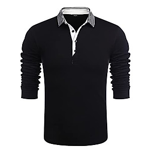 COOFANDY Men's Long Sleeve Polo Shirt Striped Collar Casual Slim Fit Cotton Polo T Shirts
