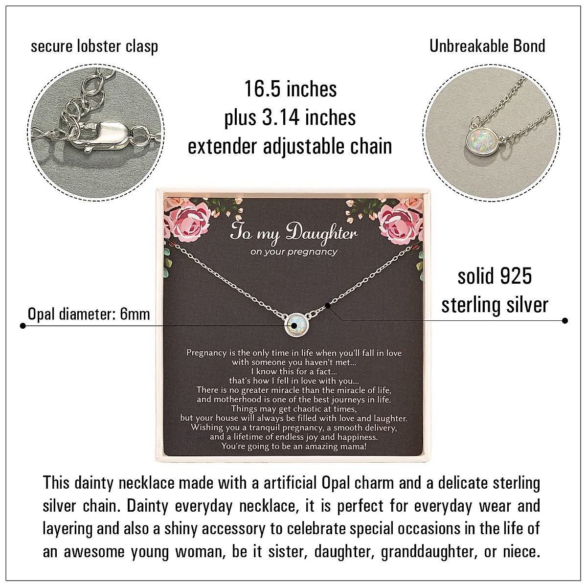 RareLove First Time Mom Gift,Daughter Pregnancy Gift from Mom,Baby Shower Gifts,925 Sterling Silver White Opal Necklace Gift For Mom to be,Expecting Mom,Daughter Push Gift