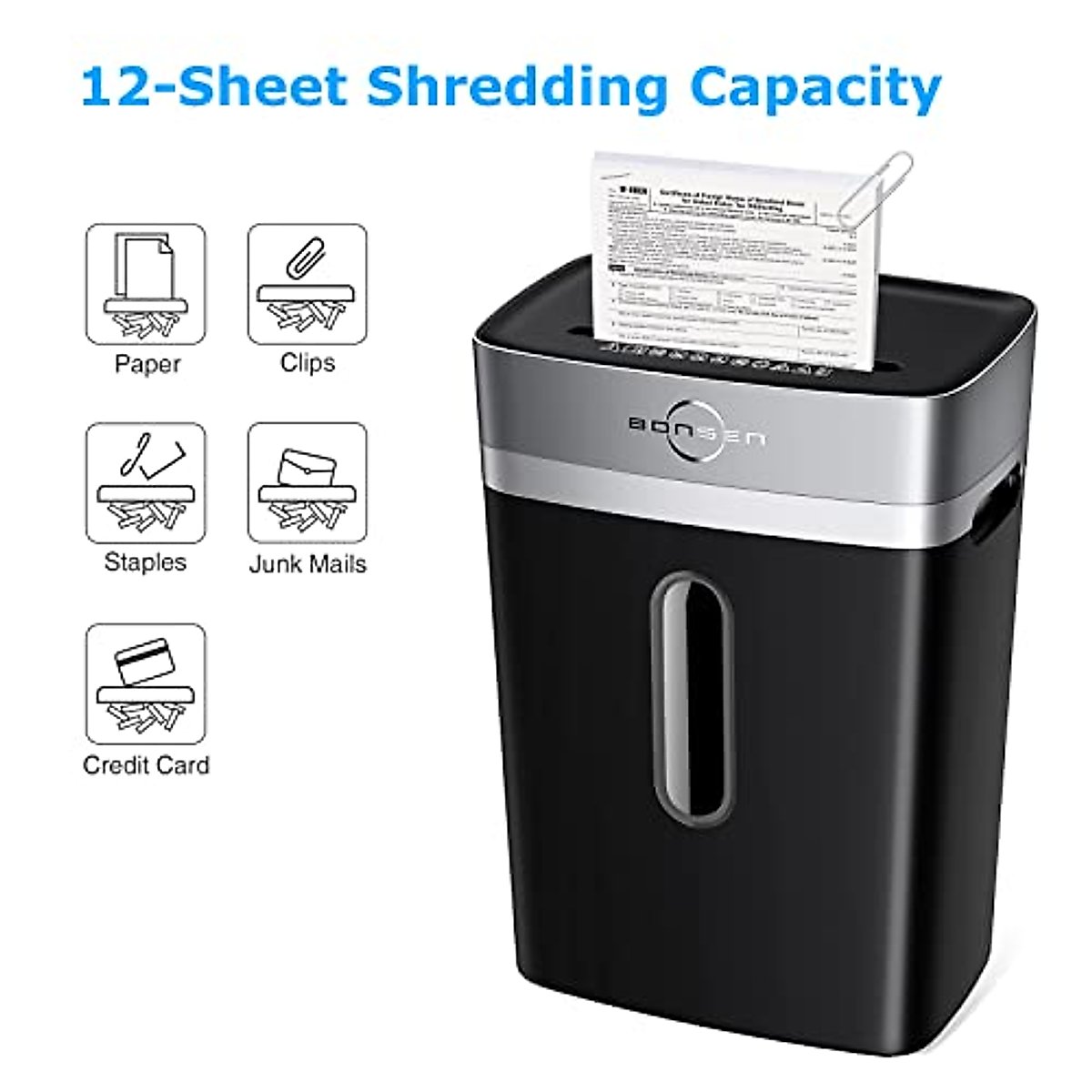 BONSEN 12-Sheet Crosscut Paper Shredder for Home Office, 52dB, P-4, Large 6-Gal Bin, 10-Min Non-Stop Running, Credit Card/Staple Shredder for Home