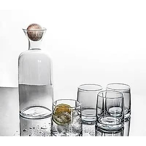 BS Essentials Vintage Luxury Water Pitcher with Lid, 40oz Carafe, 10oz Glass Cups & Bedside Water Dispenser for Home or Office. Mini Water Carafe & Mouthwash Bottle for Bathroom. (Clear)