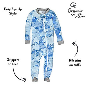HonestBaby Non-Slip Footed Pajamas One-Piece Sleeper Jumpsuit Zip-Front 100% Organic Cotton PJs for Baby Boys (LEGACY), Watercolor World/Teal Blue, 18 Months