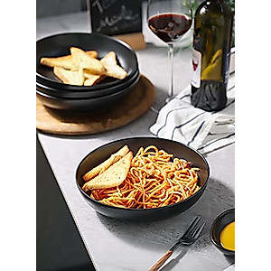 Teocera Pasta Bowls, Large Salad Bowls, Porcelain Bowl Set, Wide and Shallow, Microwave and Dishwasher Safe, 35 Ounce - Set of 4, Matte Black