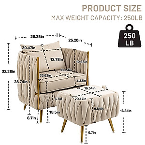 NIOIIKIT Modern Velvet Accent Chair with Storage Ottoman, Upholstered Hand Woven Lounge Chair with Pillow, Luxury Armchair, Vanity Chair for Living Room, Bedroom, Office (Beige)