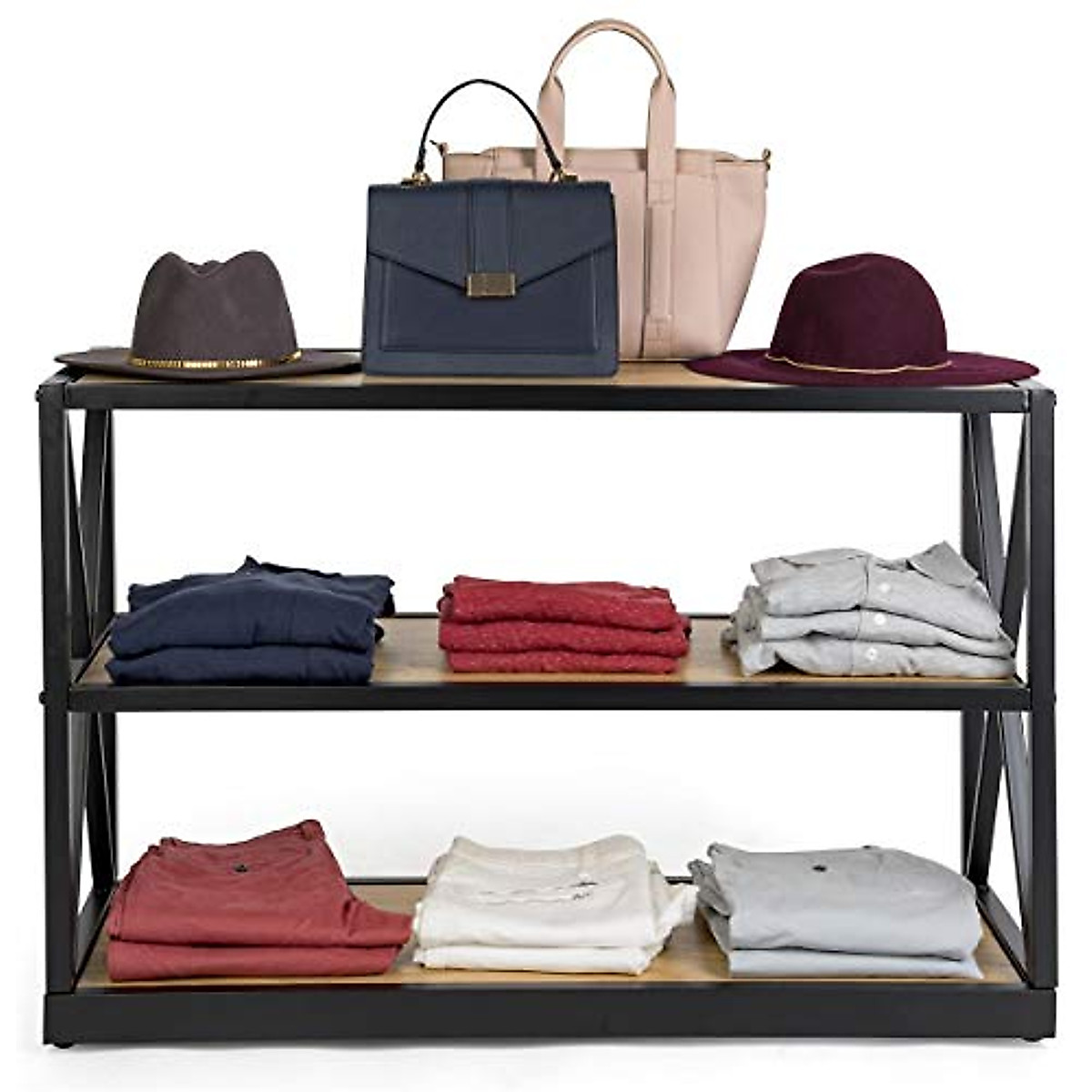 Displays2go Industrial X-Sided 3-Shelf Unit, Solid Pine – Natural (XSHF3NAT)