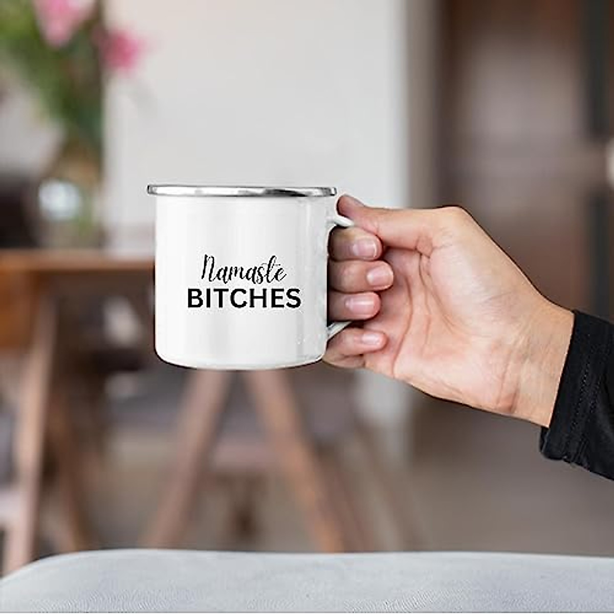 Namaste Bitches Yoga Humor Gift for Yoga Lovers 12oz Enamel Silver Mug