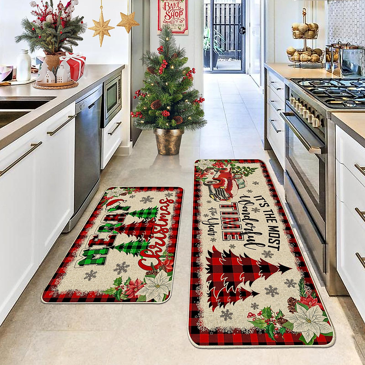 cusugbaso Christmas Kitchen Mats, Merry Christmas Kitchen Rugs Set of 2 - Red Buffalo Plaid Christmas Kitchen Decor - Truck Christmas Decorations for Bathroom,Floor,Indoor,Home 17"x27+17"x47"