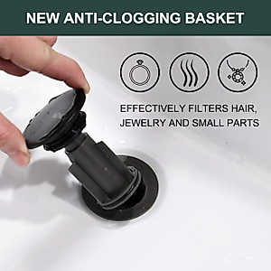 KENES Pop Up Bathroom Sink Drain with Overflow, Matte Black Pop Up Drain Stopper Anti Clog Pop Up Drain Stopper Lavatory Vanity Vessel Sink Drain