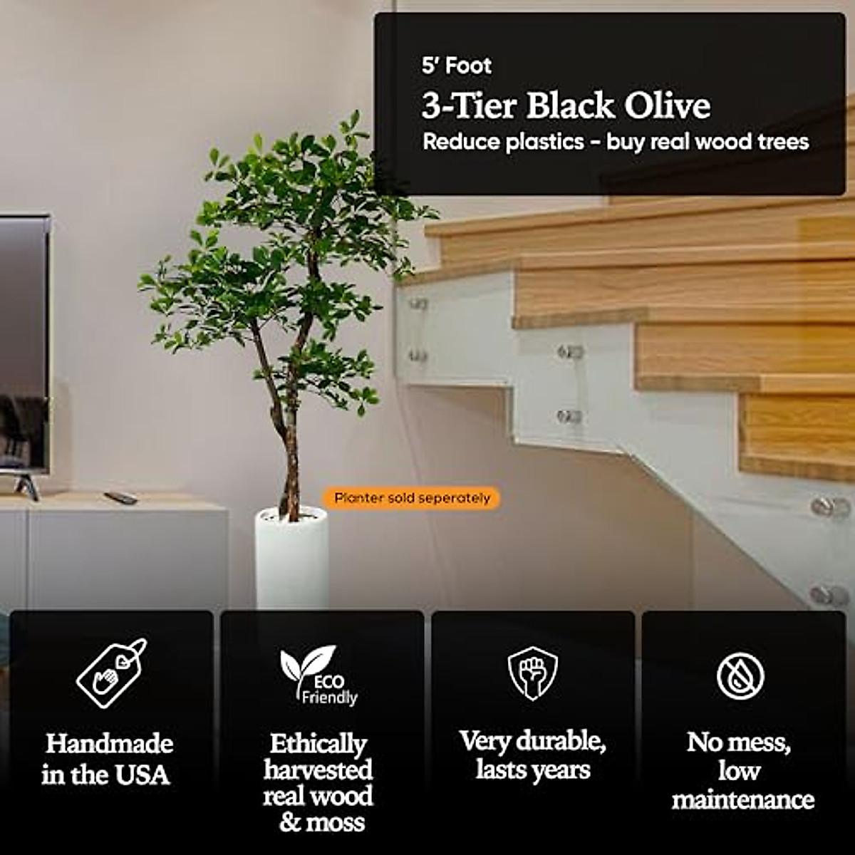 Hand-Made 5' Black Olive Leaf Artificial Tree with Ethically Sourced Real Wood Trunks | Green | Cypress & Alabaster