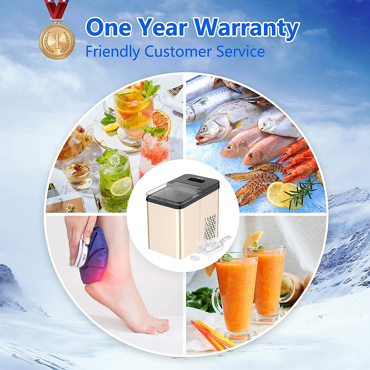 VECYS Upgraded Ice Maker, Premium Countertop Ice Machine 26LBS Daily Ice Making Capacity and Self-Clean Function with Ice Scoop and Basket, Champagne